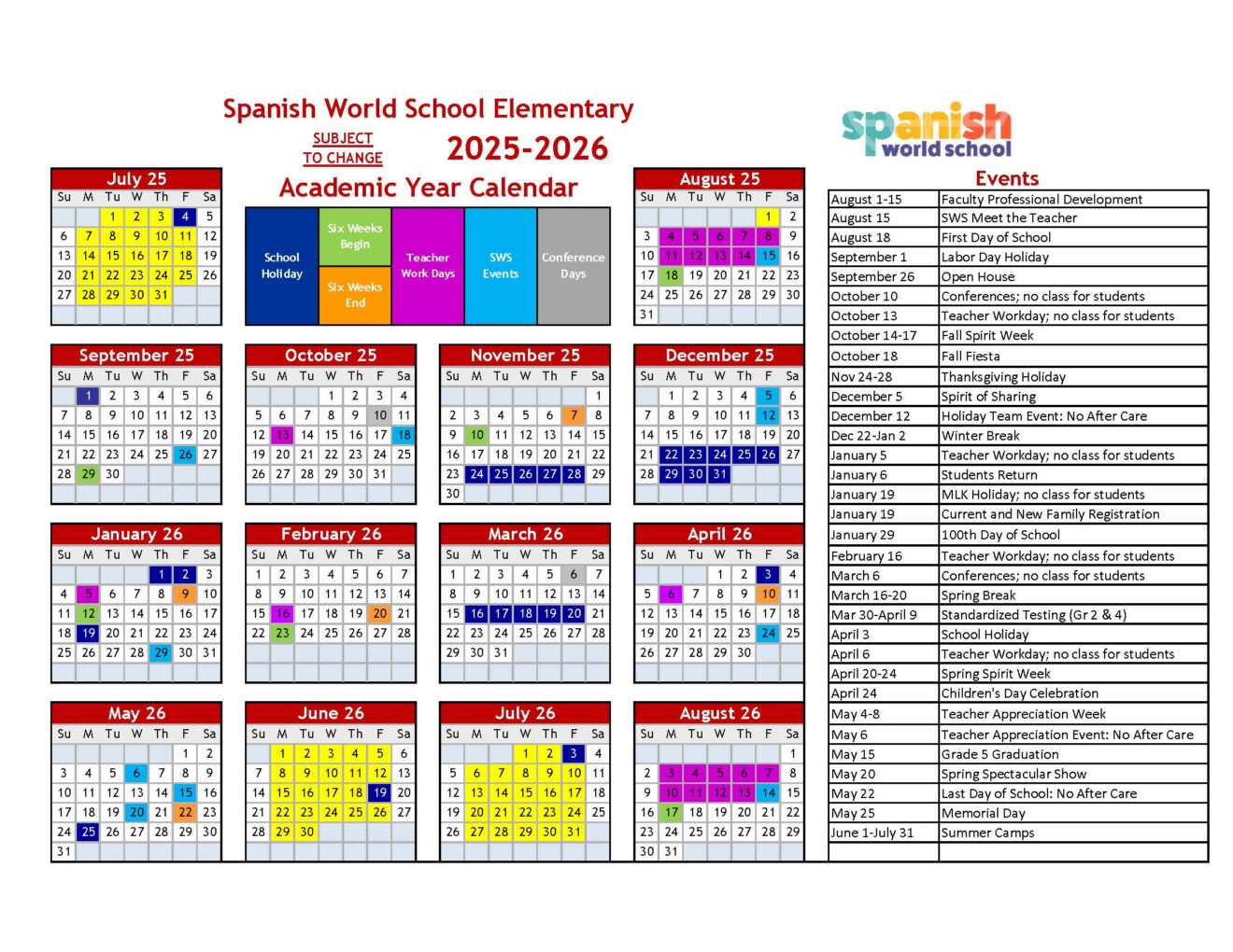 Elementary Calendar - Spanish World School